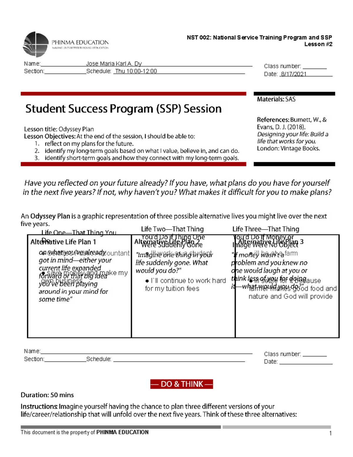 SAS 2 NST 002 Odyssey Plan Yr1 - Lesson Name: Jose Maria Karl A. Dy ...