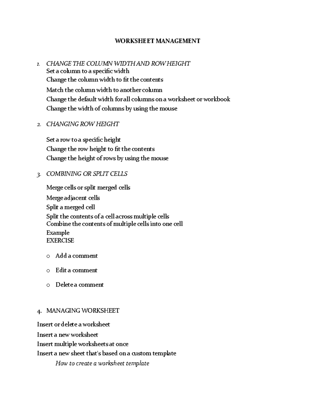 Lnotes 1 Worksheet management - WORKSHEET MANAGEMENT 1. CHANGE THE ...