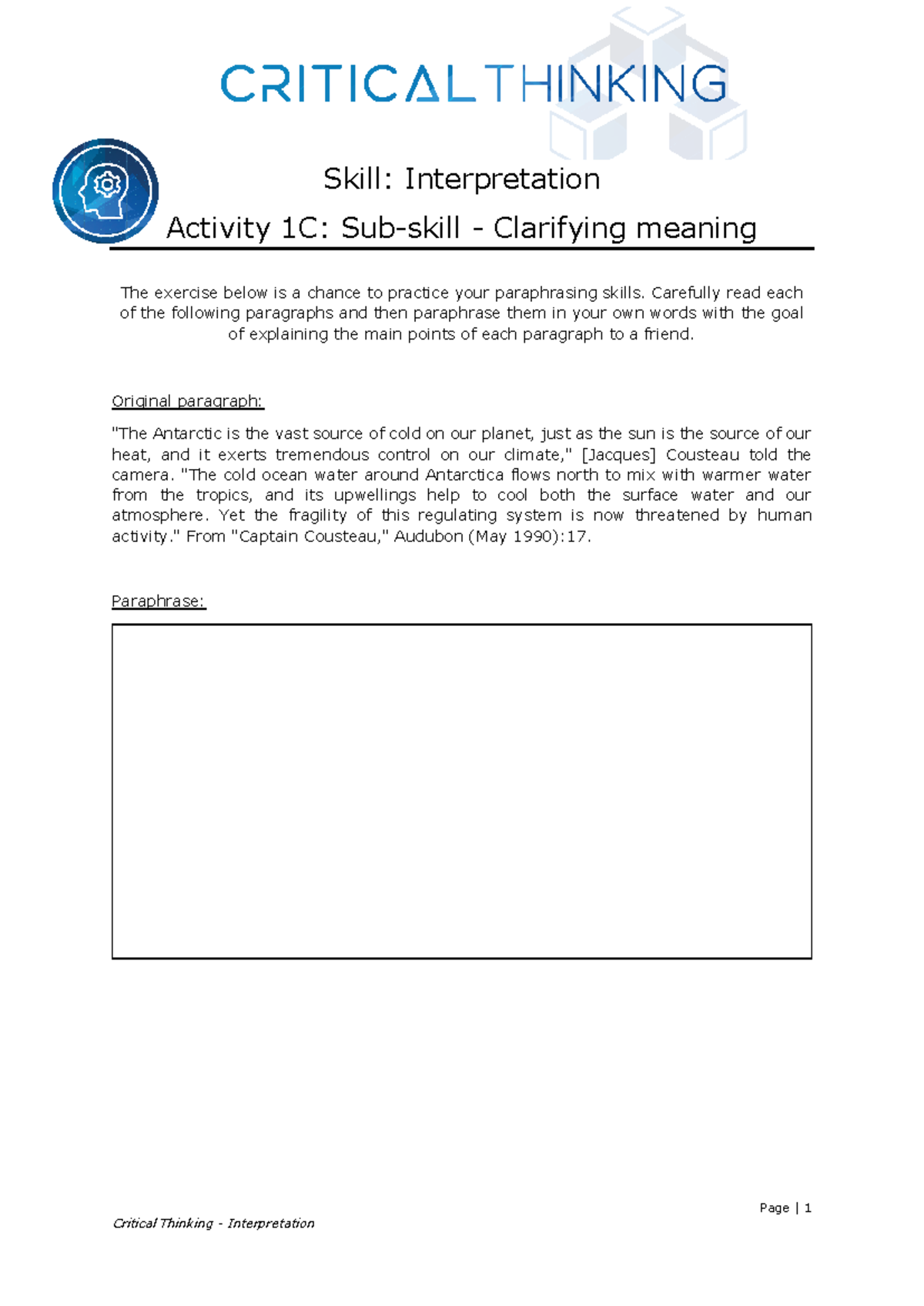 Activity 1C - Clarifying meaning - Page | 1 Critical Thinking ...