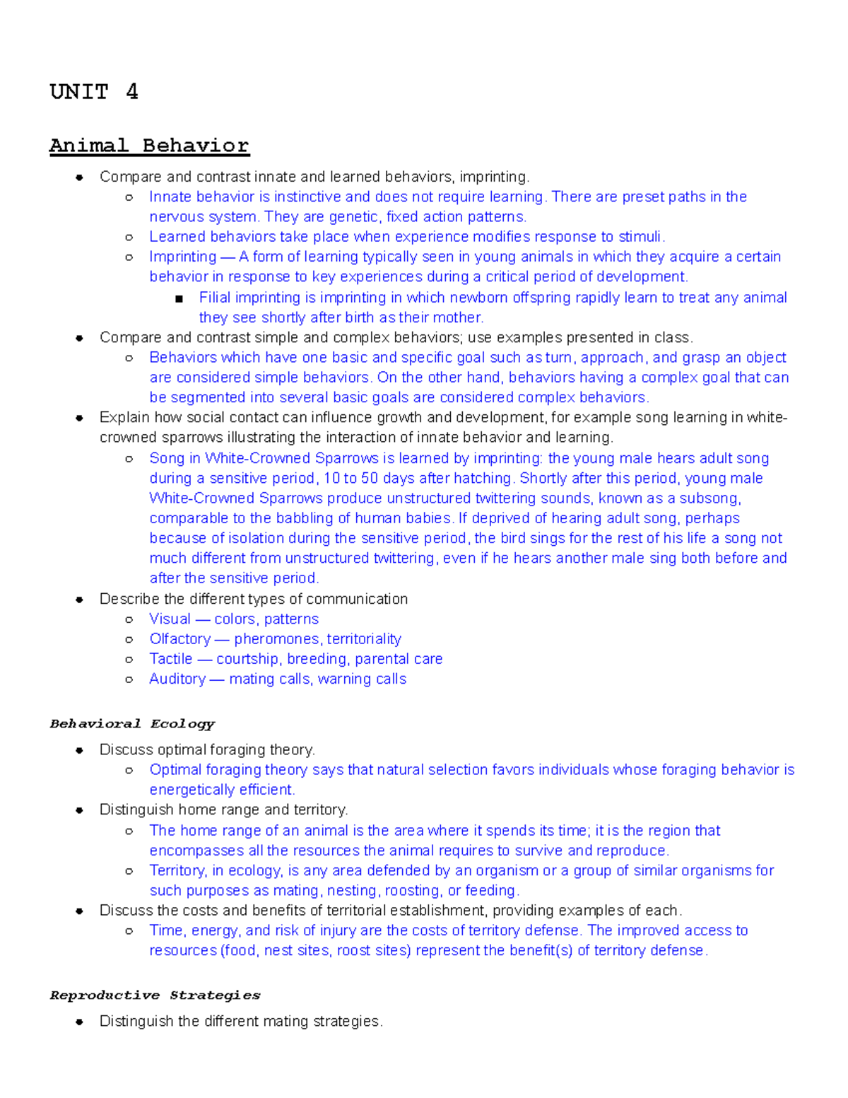 Exam4Study Guide BIO151 1232020 - UNIT 4 Animal Behavior Compare and ...