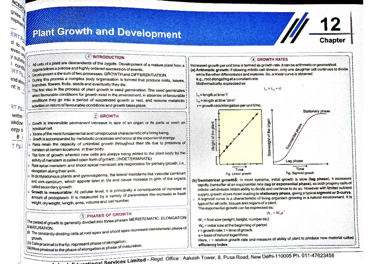NEET Class 12 Biology Short Notes OF Chapter Plant Growth AND ...