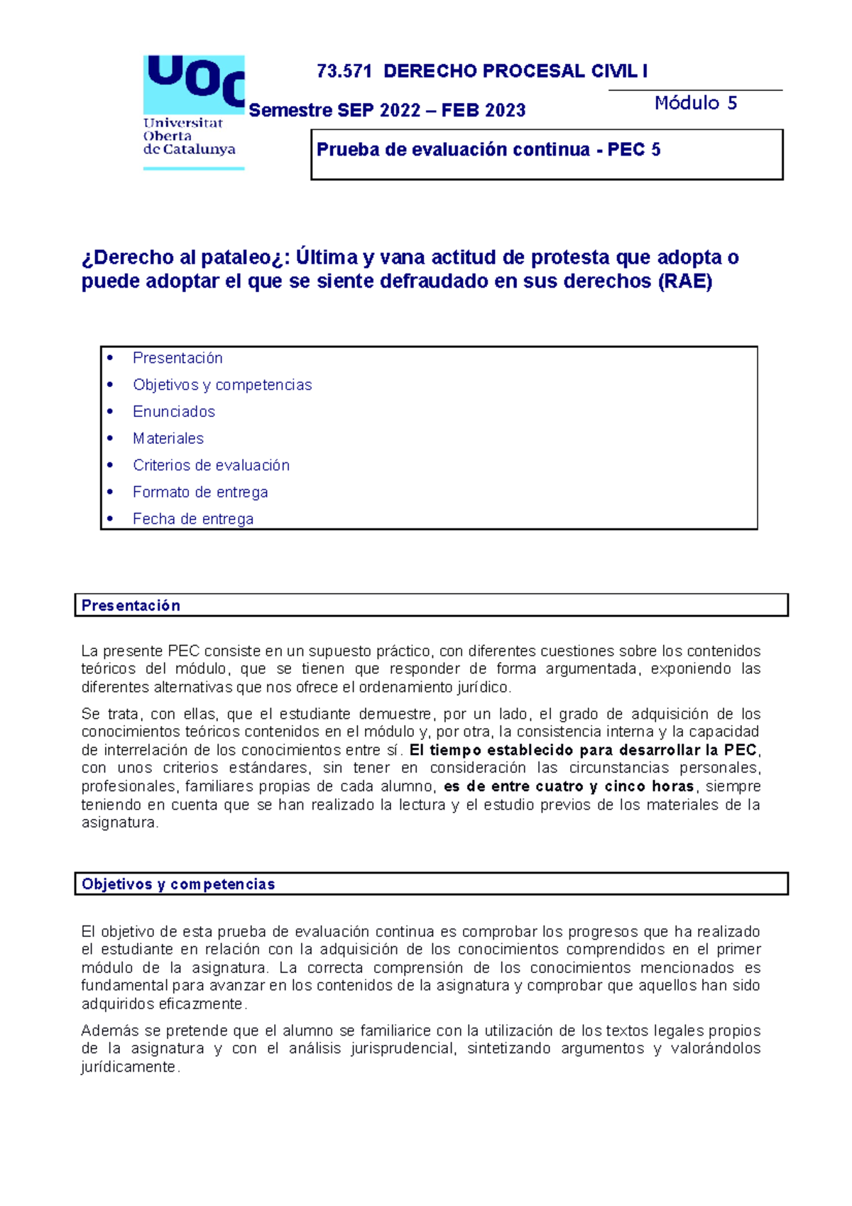 GES 1 DERECHO PROCESAL PENAL - 73 DERECHO PROCESAL CIVIL I Semestre SEP 2022 – FEB 2023 Módulo 5 ...