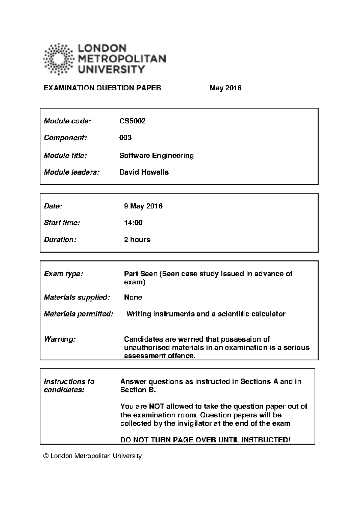 Exam May 2015, questions - EXAMINATION QUESTION PAPER Module code ...