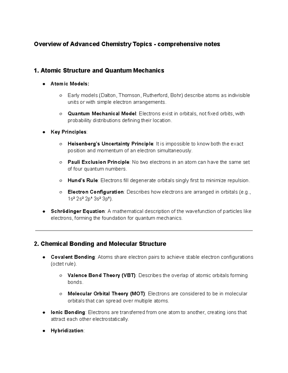 Overview of Advanced Chemistry Topics - Atomic Structure and Quantum ...