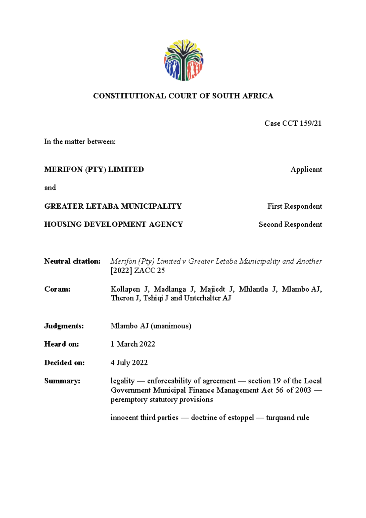Turquand-Rule-Limpopo Case - CONSTITUTIONAL COURT OF SOUTH AFRICA Case ...