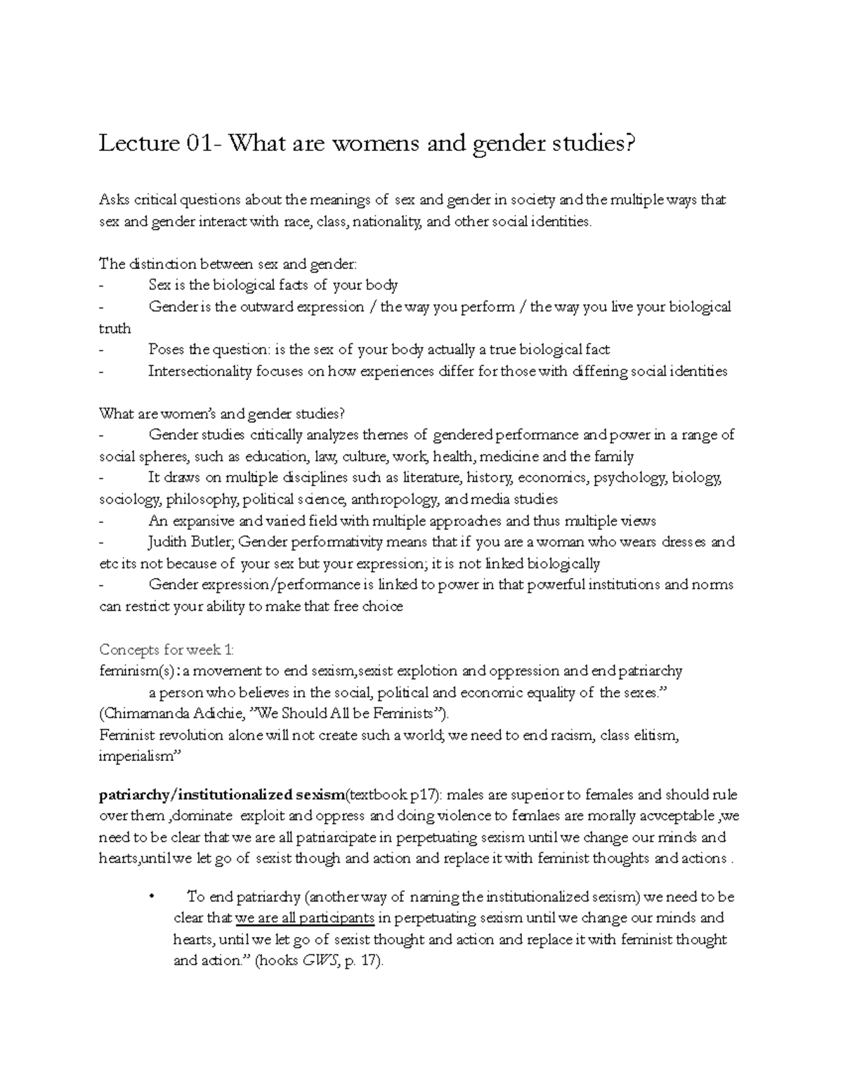 WSTA01 EXAM NOTES 2021 - Lecture 01- What are womens and gender studies ...