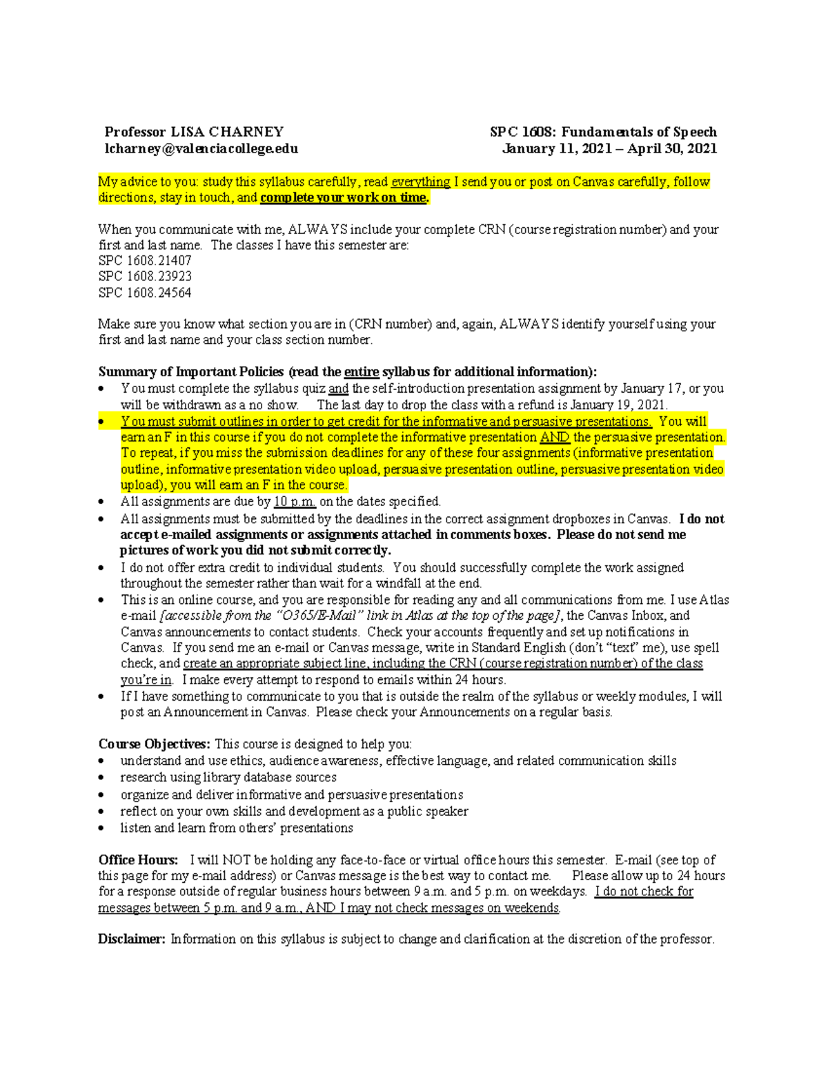 Speech Syllabus - Lisa Charney - Professor LISA CHARNEY SPC 1608 ...