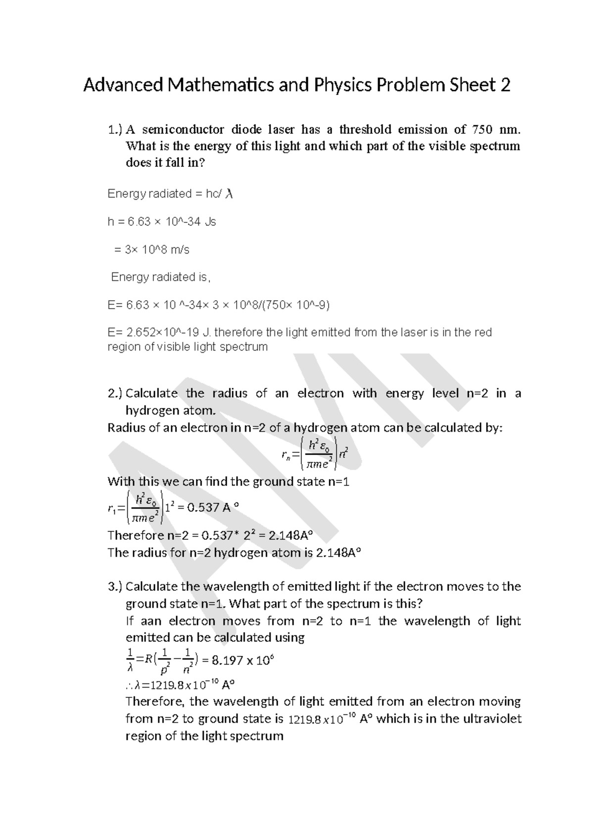 Advanced Mathematics and Physics Problem Sheet 2 - ) A semiconductor diode laser has a threshold ...