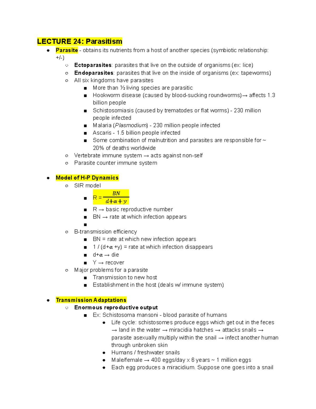 BIOL121 Lecture 24 Notes - Parasitism - LECTURE 24: Parasitism Parasite ...