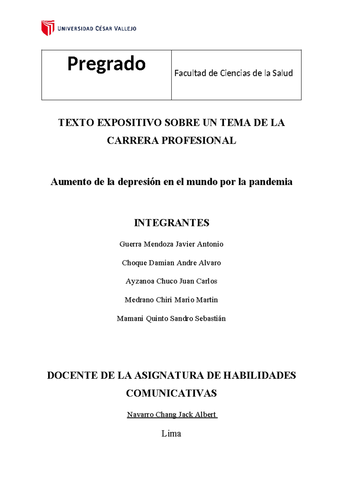 Pregrado - HOA - Pregrado Facultad de Ciencias de la Salud TEXTO EXPOSITIVO SOBRE UN TEMA DE LA ...