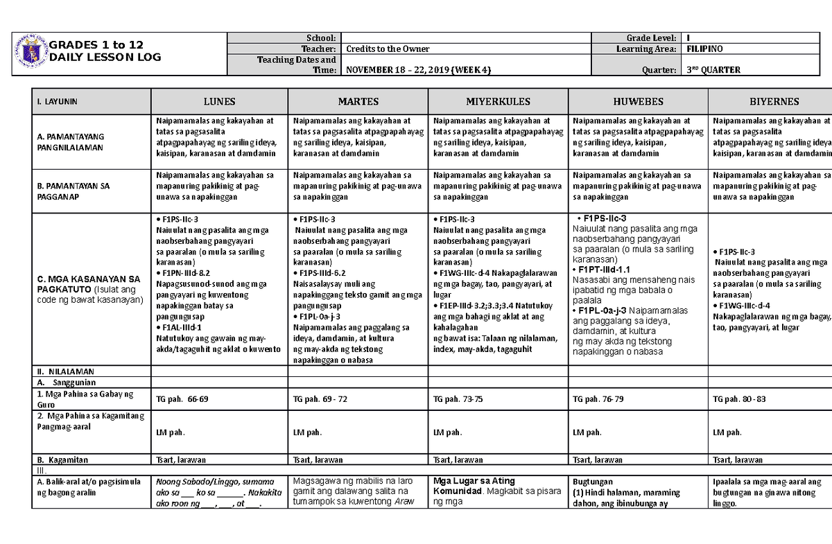 DLL Filipino 1 Q3 W4 - learn is fun - GRADES 1 to 12 DAILY LESSON LOG ...