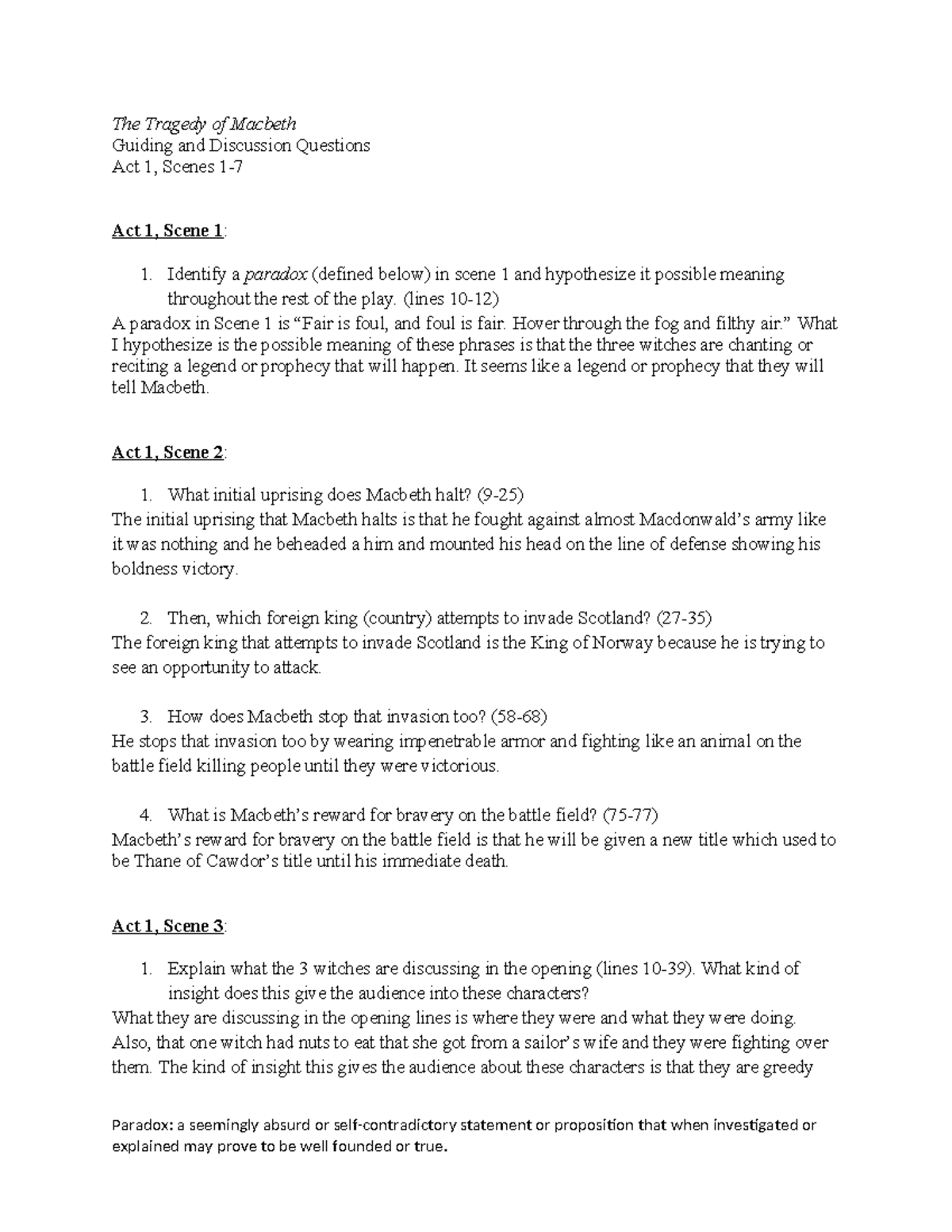 Macbeth - Act 1 Guiding Questions - The Tragedy of Macbeth Guiding and ...