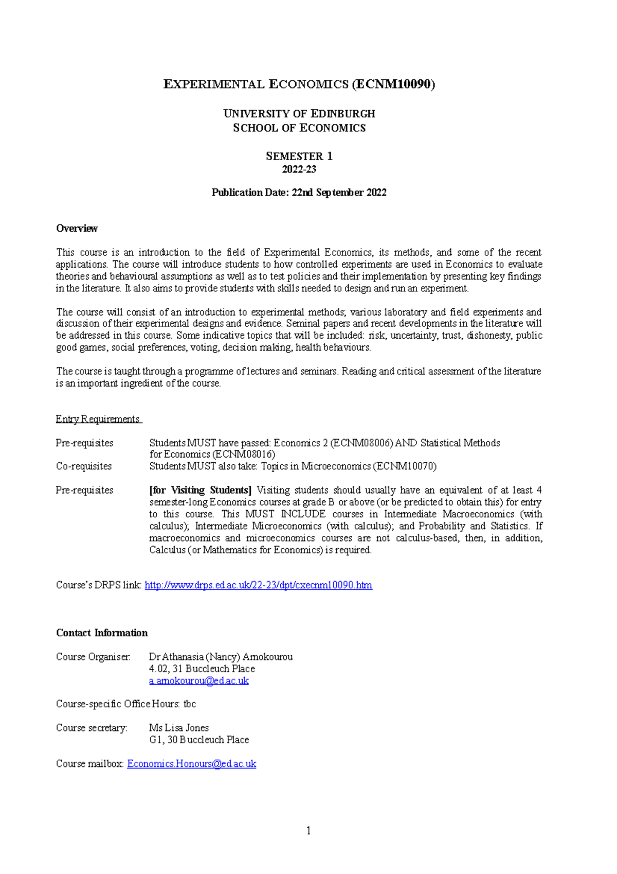 Experimental Economics Outline 2022-23 - EXPERIMENTAL ECONOMICS ...