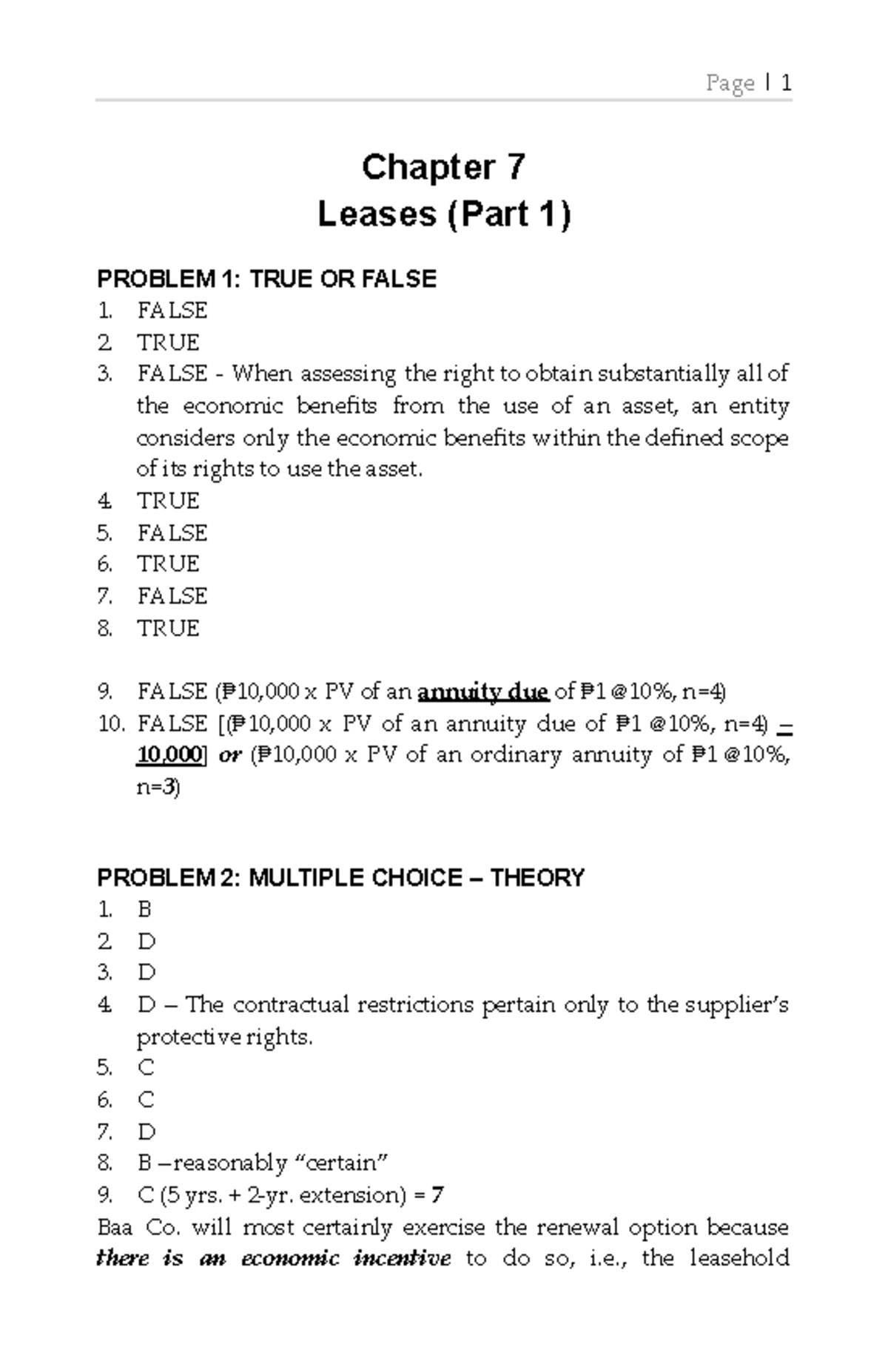 Chapter 7 Leases (Part 1) - Chapter 7 Leases (Part 1) PROBLEM 1: TRUE OR FALSE 1. FALSE 2. TRUE ...