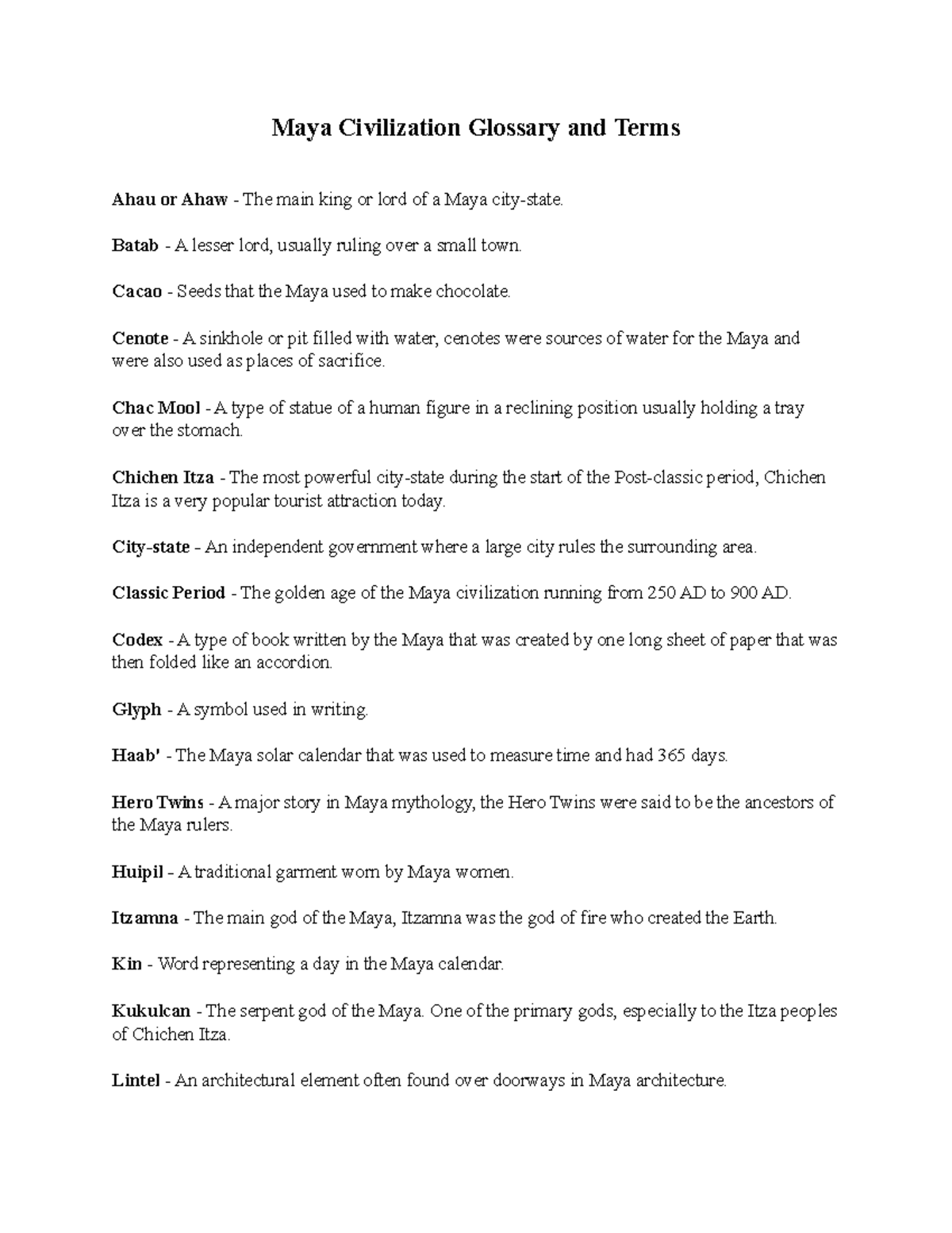 Maya Civilization Glossary and Terms - Batab - A lesser lord, usually ...