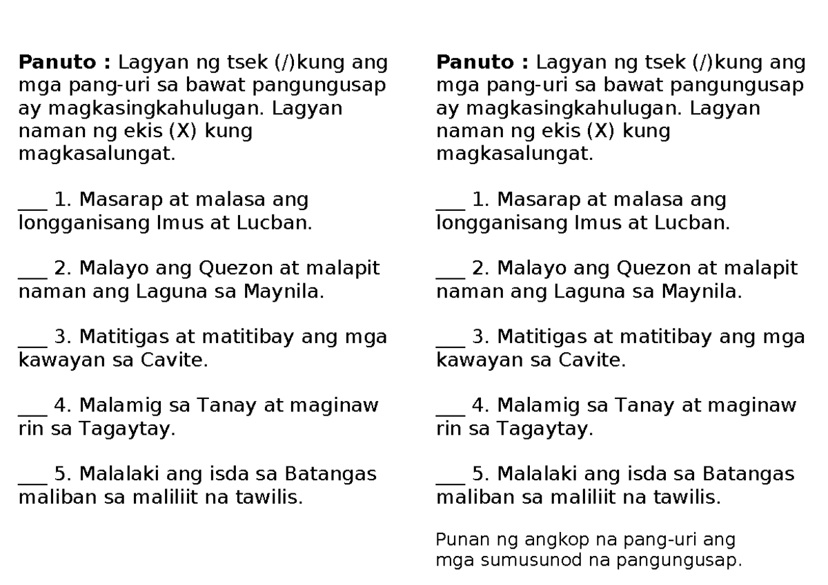 Worksheets - Panuto : Lagyan ng tsek (/)kung ang mga pang-uri sa bawat ...