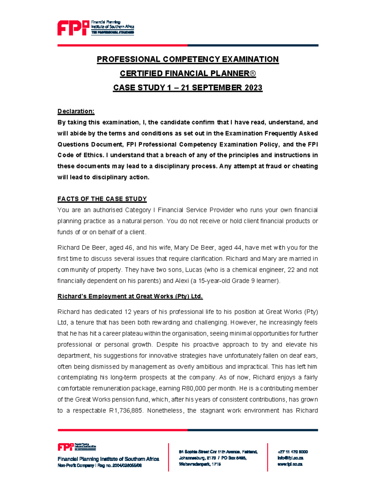 CFP September 2023 Case Study 1 with suggested answers - PROFESSIONAL ...