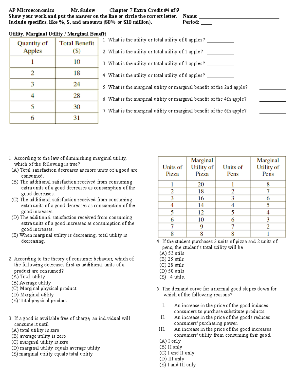 Chap7 extra credit 4 utility marginal utility and marginal benefit - AP ...