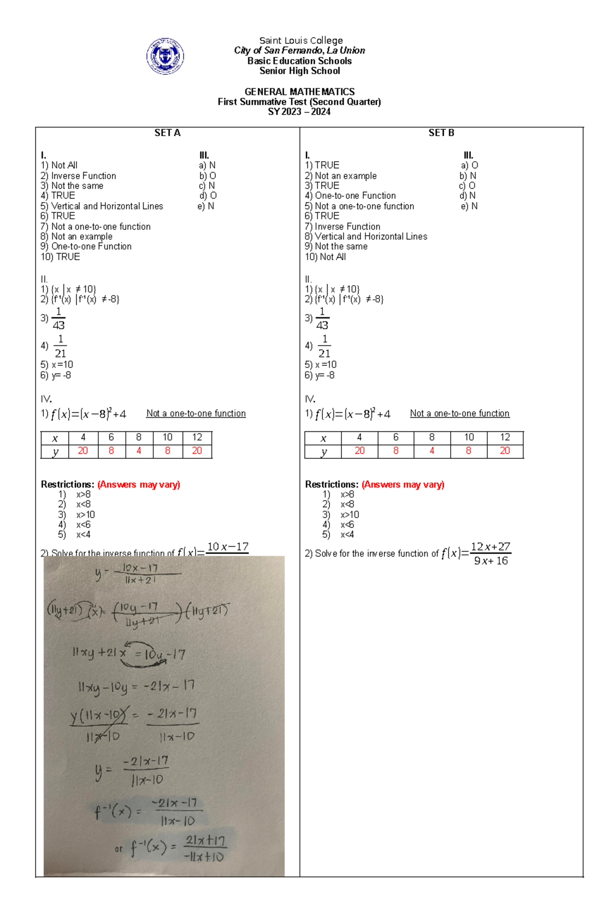 GENERAL MATHEMATICS SUMMATIVE TEST NUMBER 1 ANSWERS - Saint Louis ...