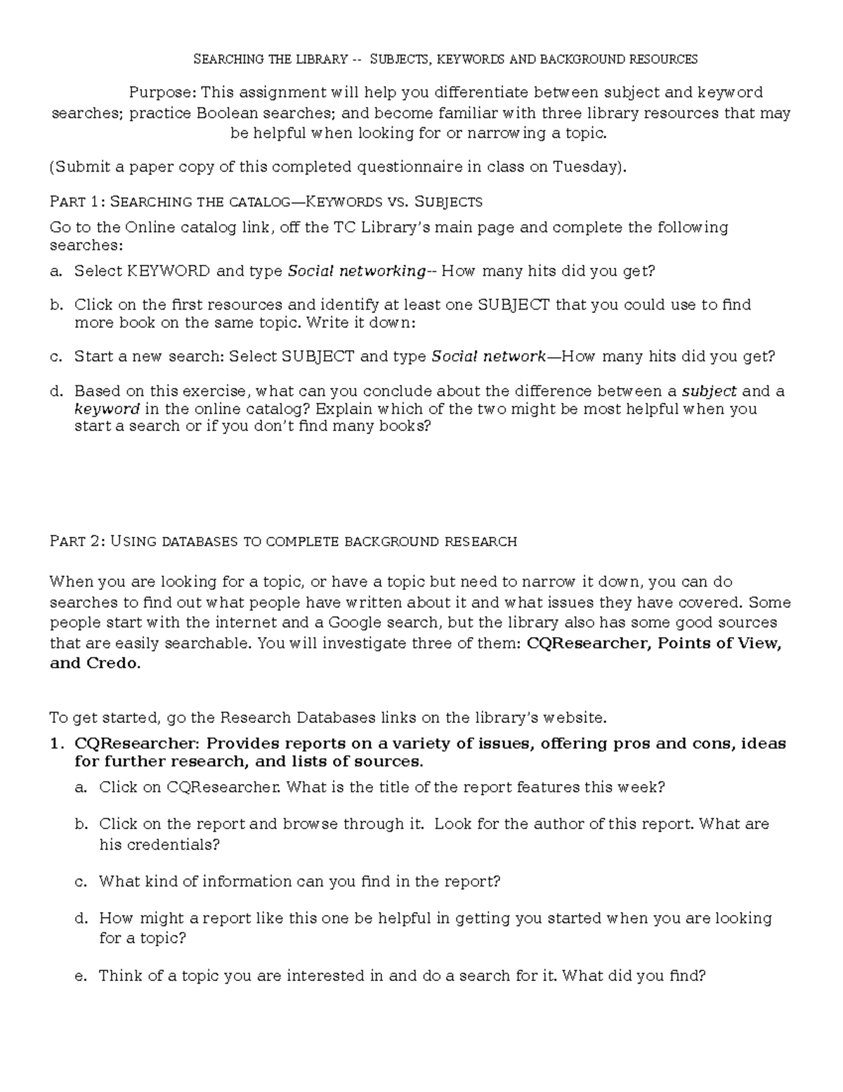 Library Assignment 2 Subjects Keywords a - SEARCHING THE LIBRARY - SUBJECTS, KEYWORDS AND ...