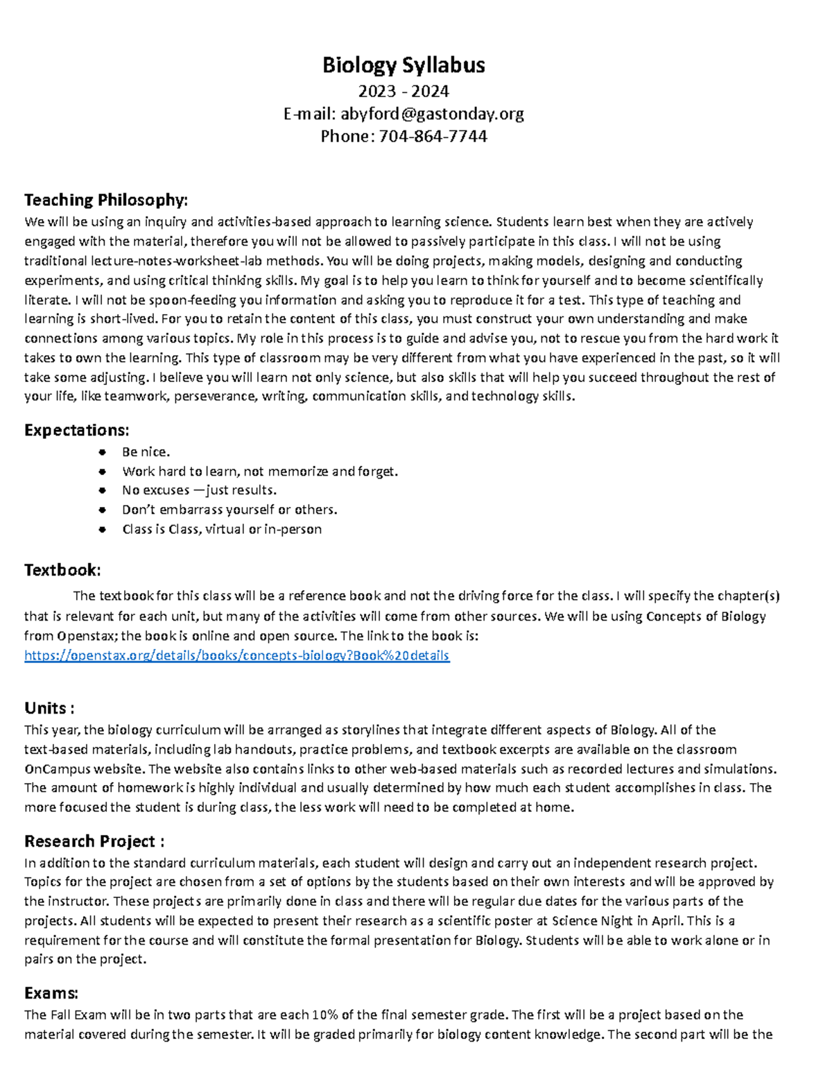 Syllabus - Biology Syllabus 2023 - 2024 E-mail: abyford@gastonday Phone ...