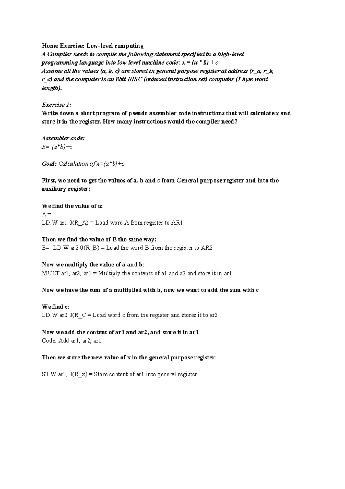 BIS Home exercise - Assembly codes - Home Exercise: Low-level computing ...