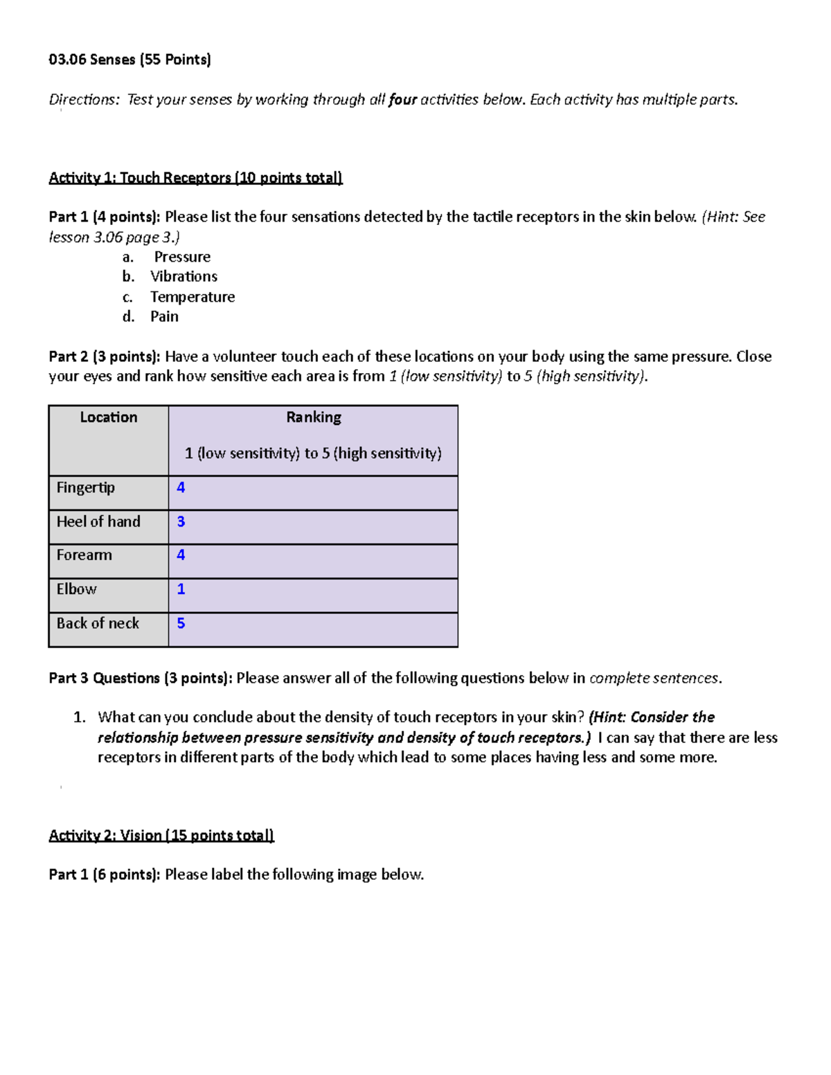 03.06 Assignment - 03 Senses (55 Points) Directions: Test your senses ...