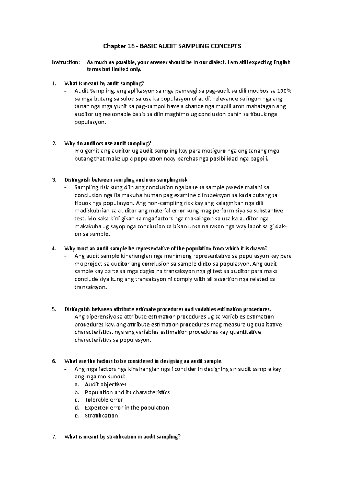 16. Basic Audit Sampling Concepts - Chapter 16 - BASIC AUDIT SAMPLING CONCEPTS Instruction: As ...