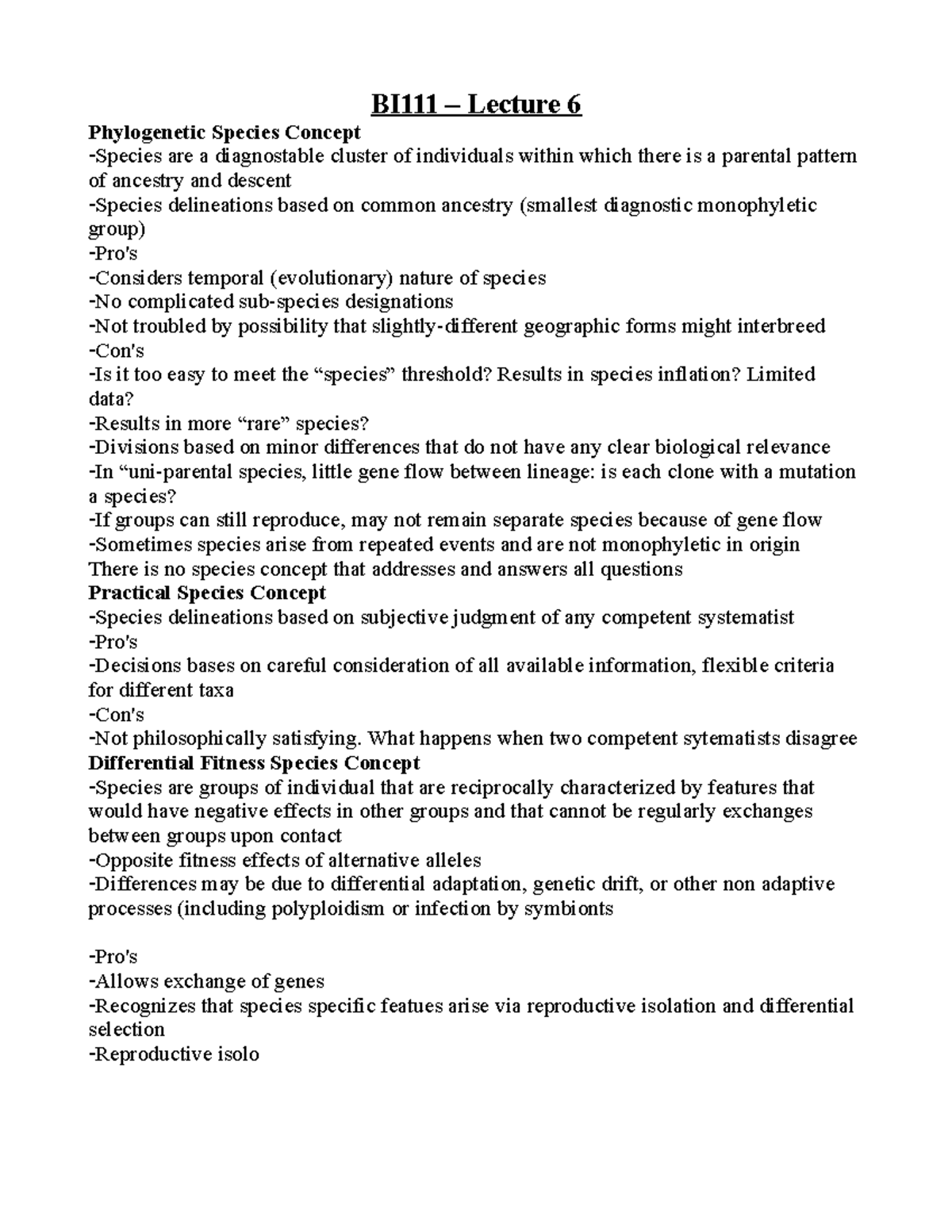 Lecture 6 - Dr. Tristan Long - BI111 – Lecture 6 Phylogenetic Species ...