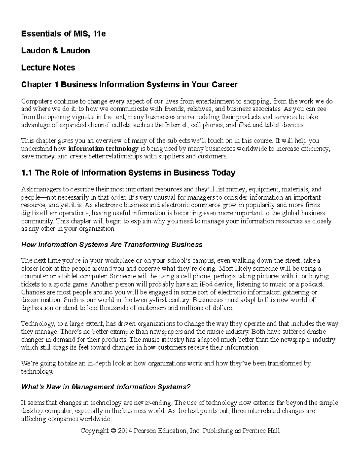 Ch1 MIS Managing the Digital Firm Notes - Essentials of MIS, 11e Laudon ...