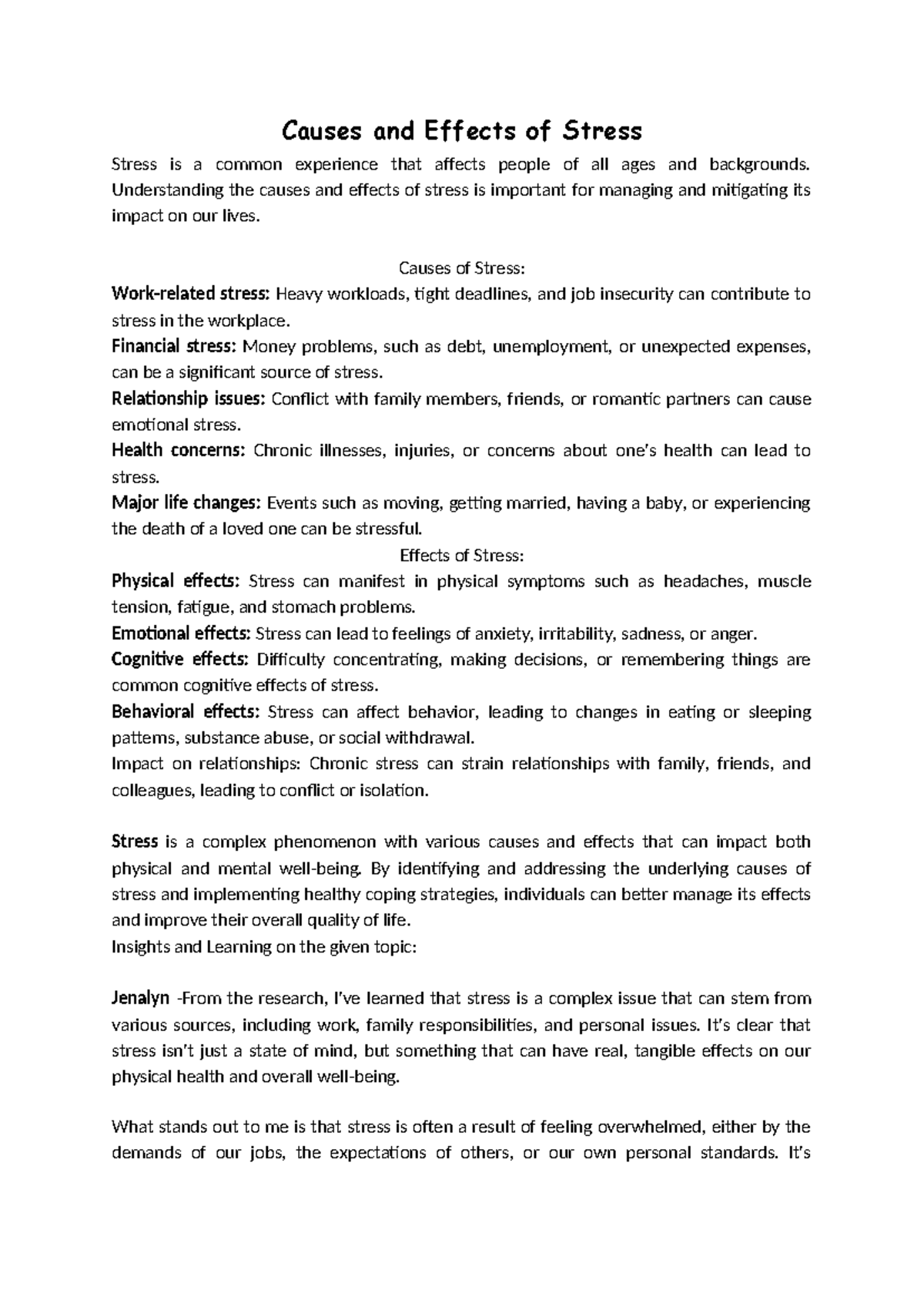 Causes and Effect - Understanding the causes and effects of stress is ...