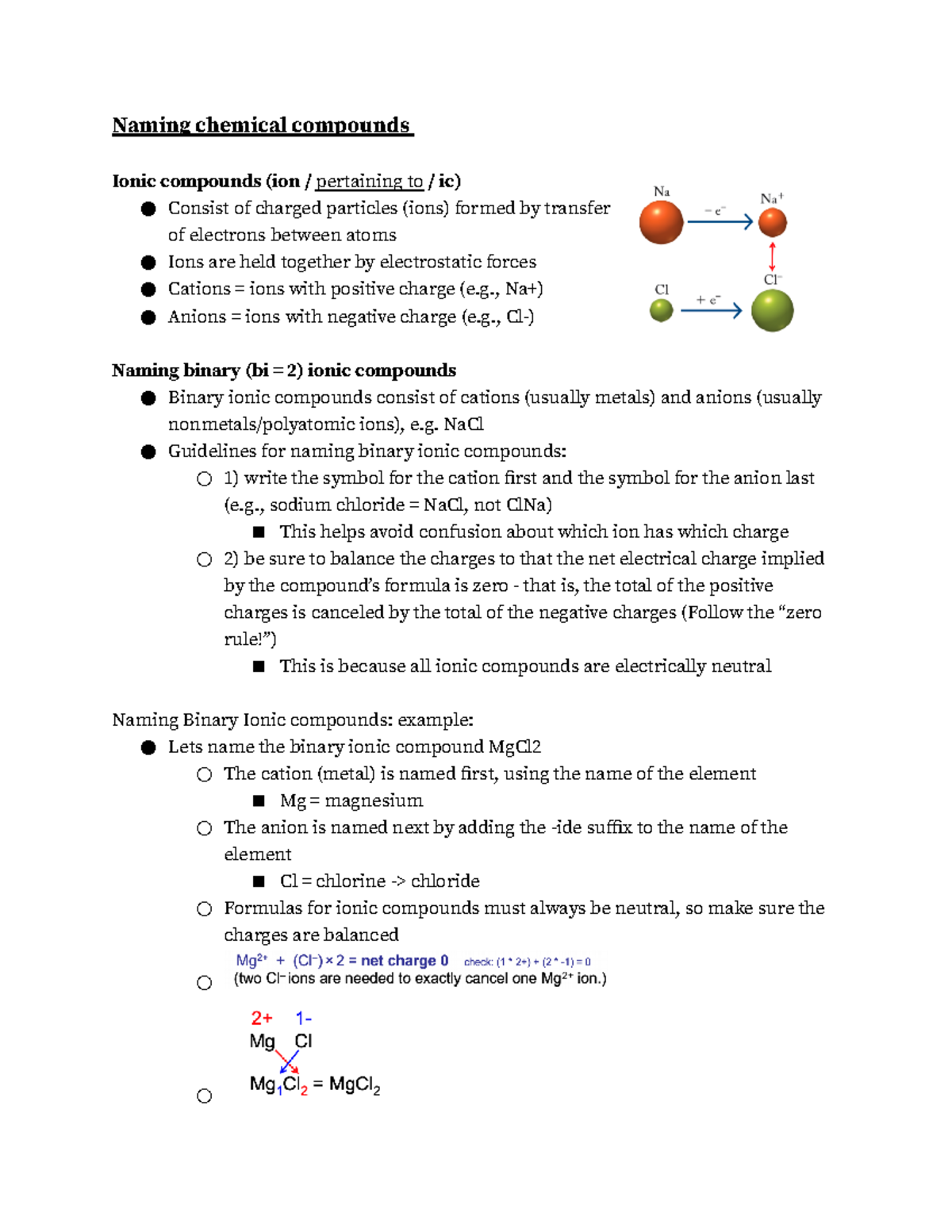 Chem exam 2 notes - Naming chemical compounds Ionic compounds (ion ...