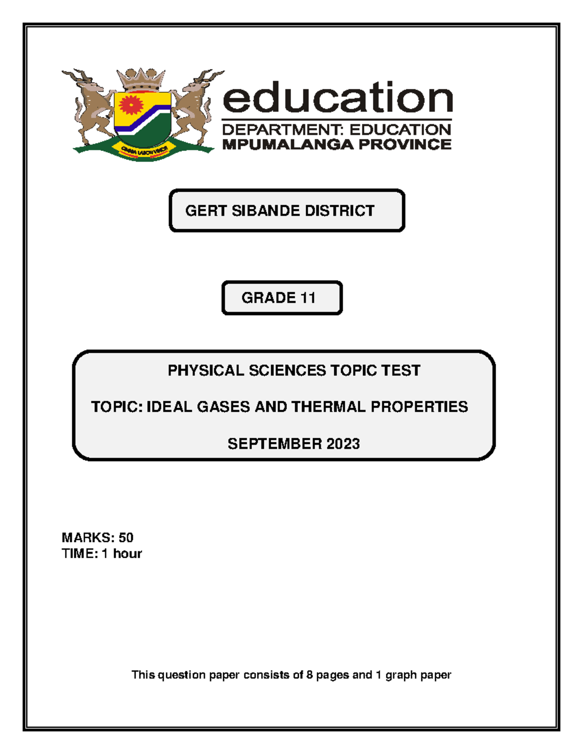 Topic TEST G11 QP ( Ideal Gases & Thermal Properties 2023)-1 - MARKS ...
