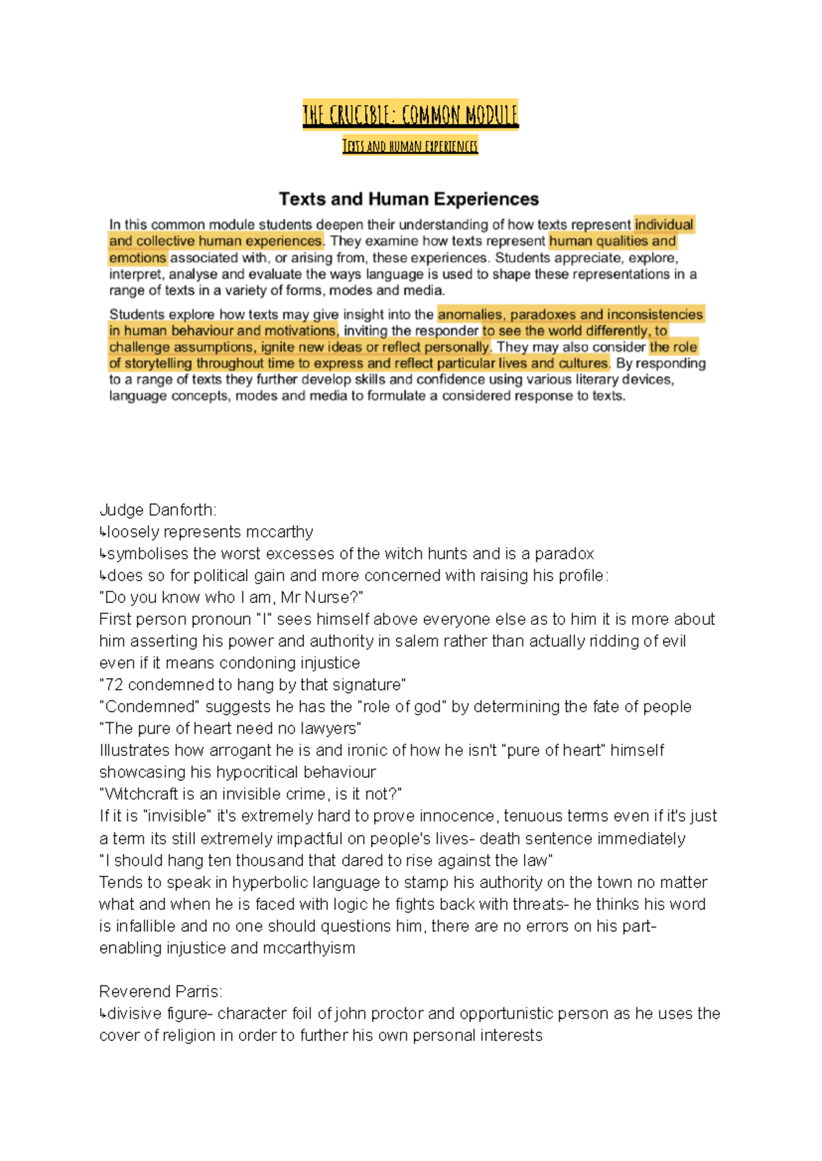 Crucible notes - quotes,analysis,ideas - THE CRUCIBLE: COMMON MODULE ...