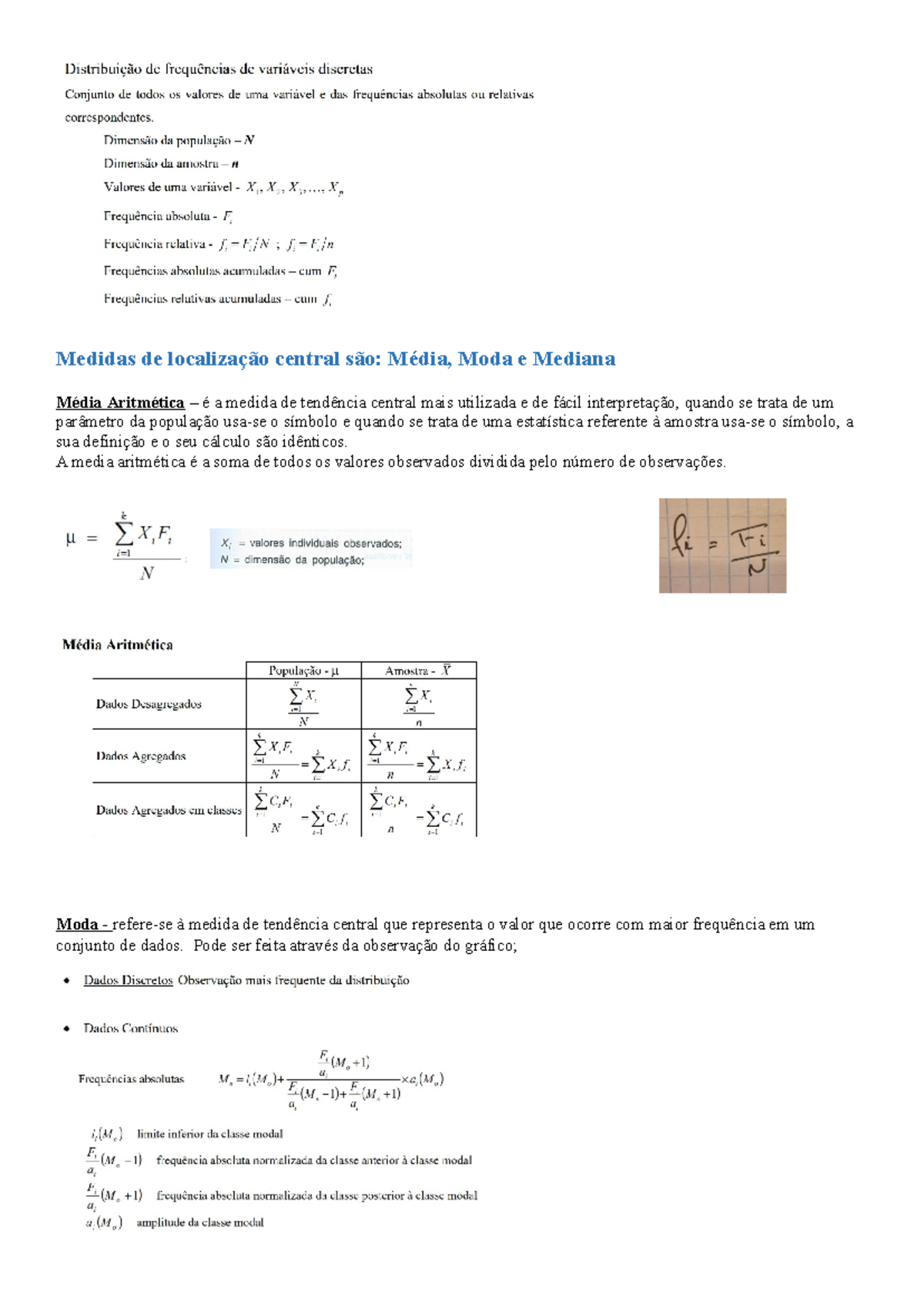 Resumo Formulas e definições p folio - Medidas de localização central ...