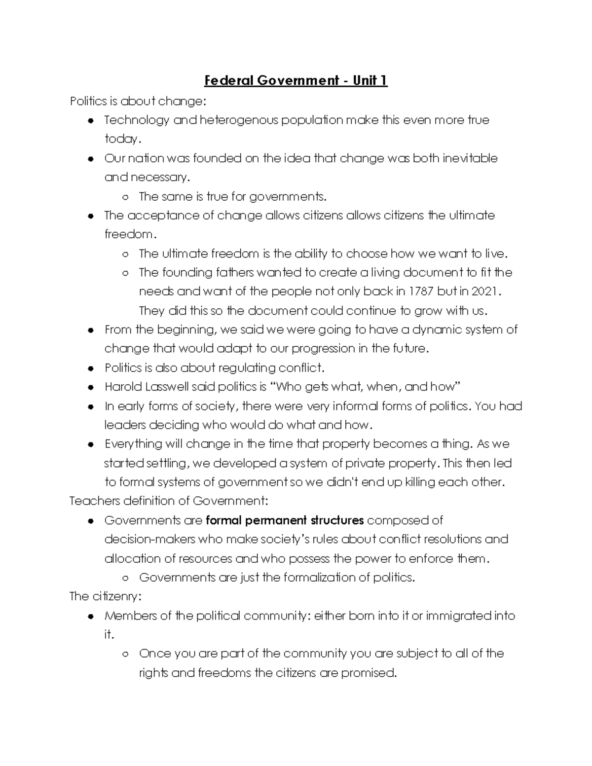 Federal Government Notes - Unit 1 - Federal Government - Unit 1 ...