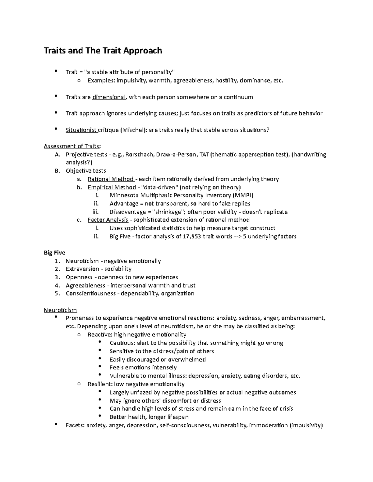 Traits and Trait Approach - Traits and The Trait Approach Trait = "a stable attribute of - Studocu