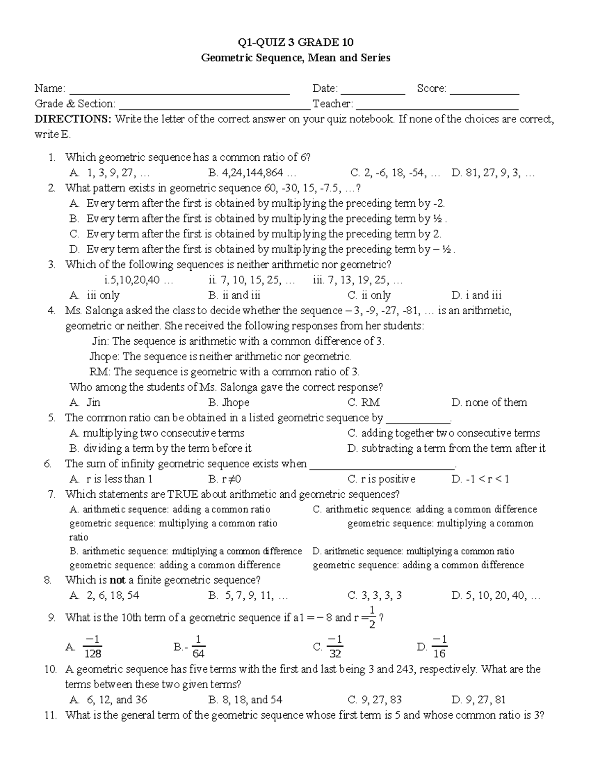 Q3- Geometric Sequence, MEAN and Series - Q1-QUIZ 3 GRADE 10 Geometric ...