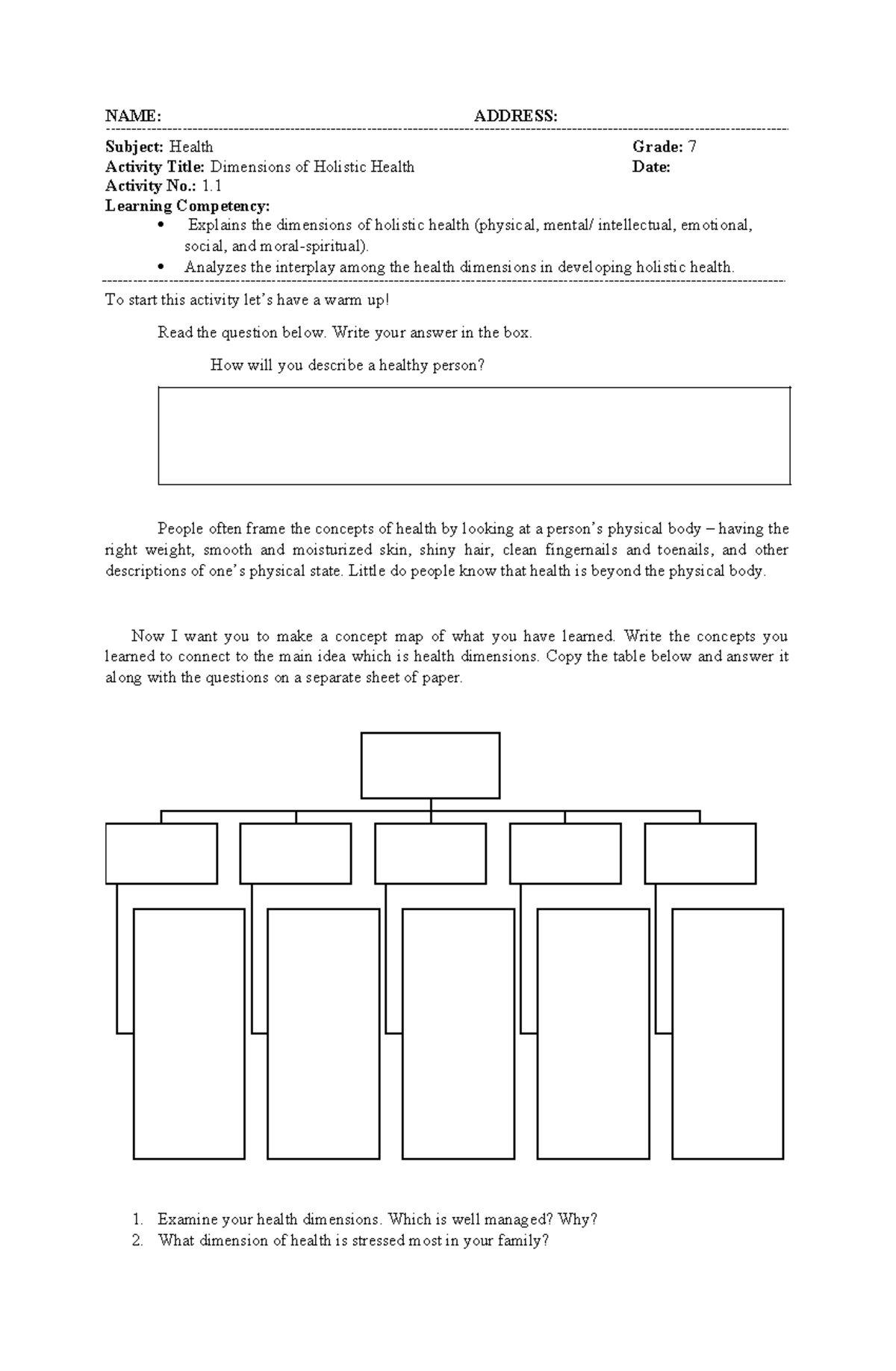 Health - to study for students - Subject: Health Grade: 7 Activity ...