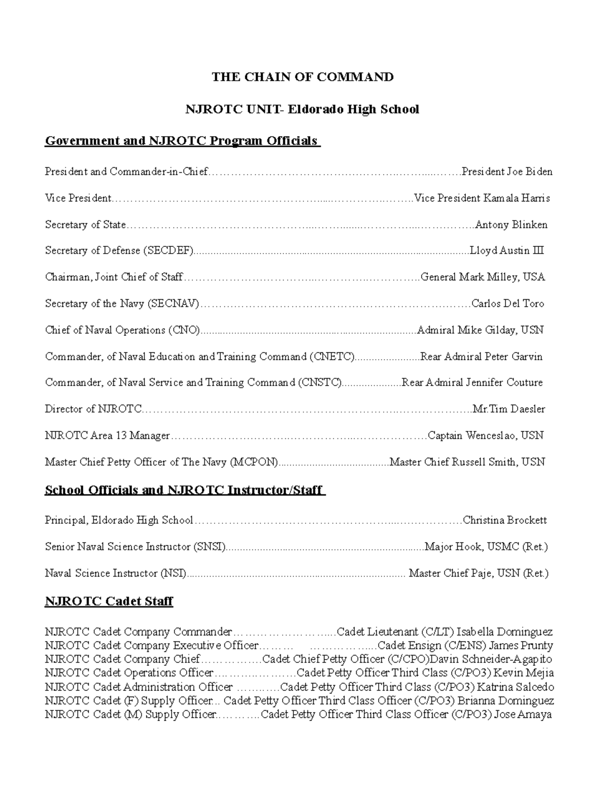 THE Chain OF Command General Knowledge - THE CHAIN OF COMMAND NJROTC ...