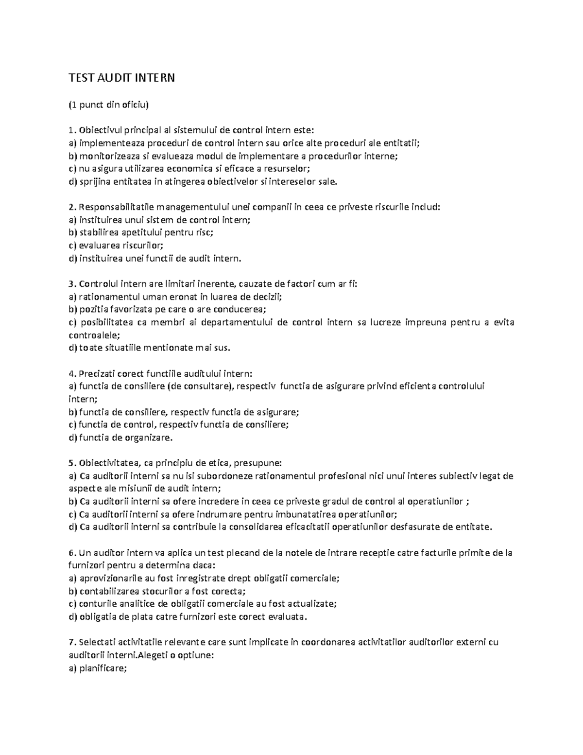 TEST Audit Intern 1 - test - TEST AUDIT INTERN (1 punct din oficiu ...