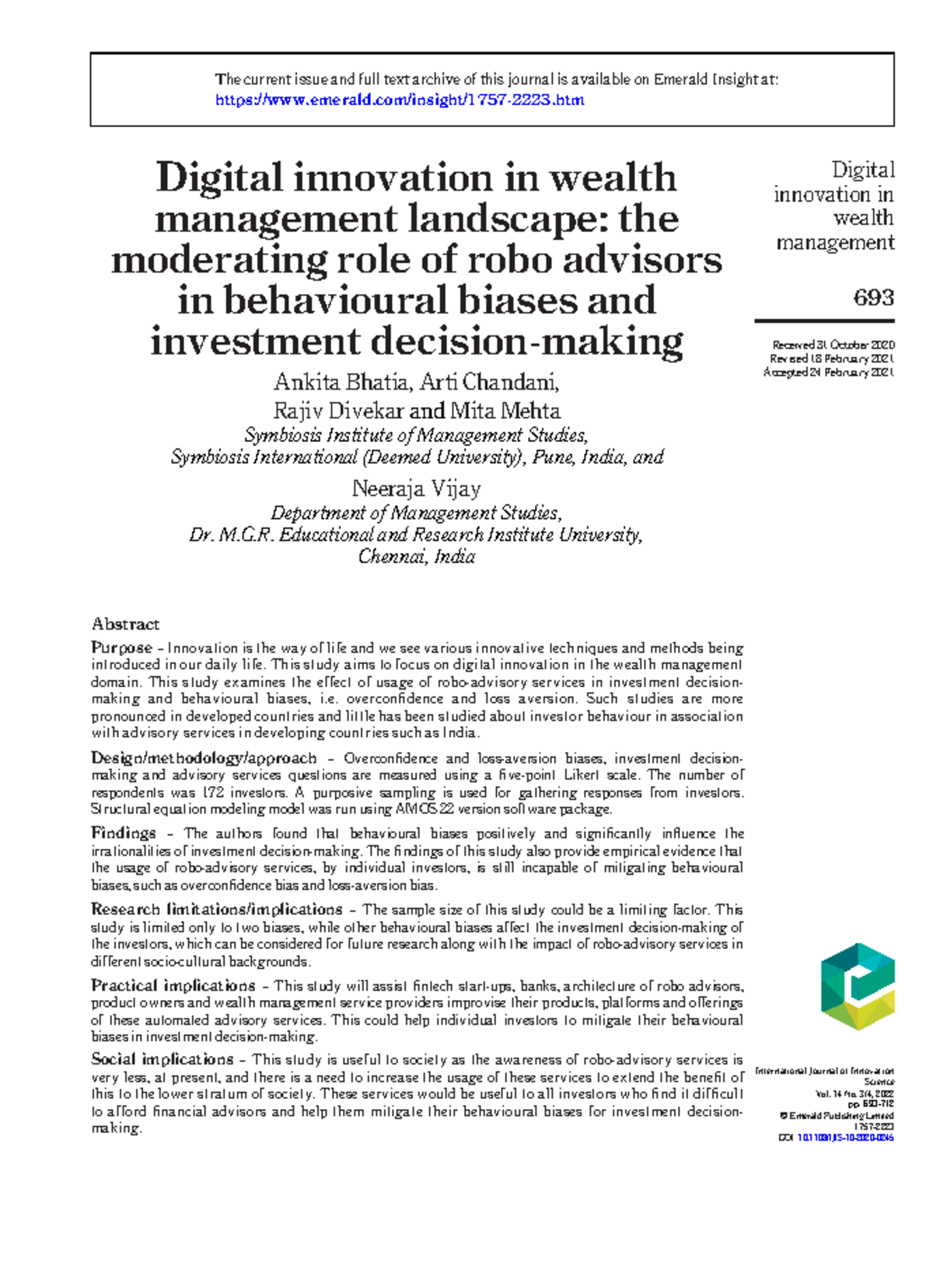Digital innovation in wealth management landscape the moderating role ...