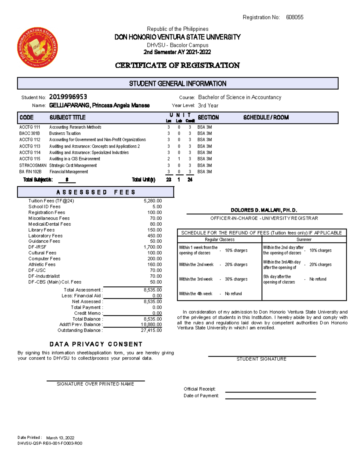 Cor-dhvtsu sample - CERTIFICATE OF REGISTRATION DON HONORIO VENTURA ...