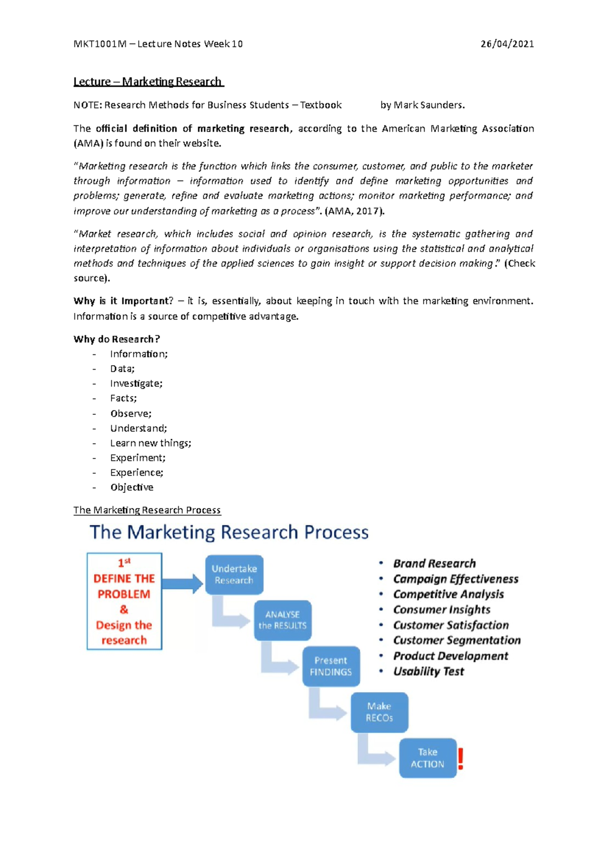 Week 10 - Market research - Lecture – Marketing Research NOTE: Research ...