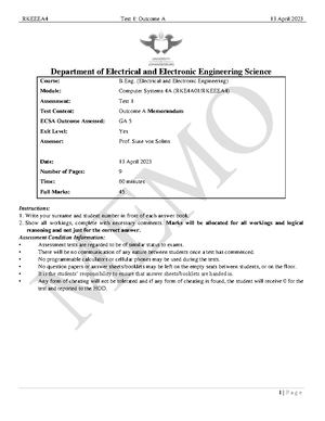 Test 2 - Past paper memo - Department of Electrical and Electronic ...
