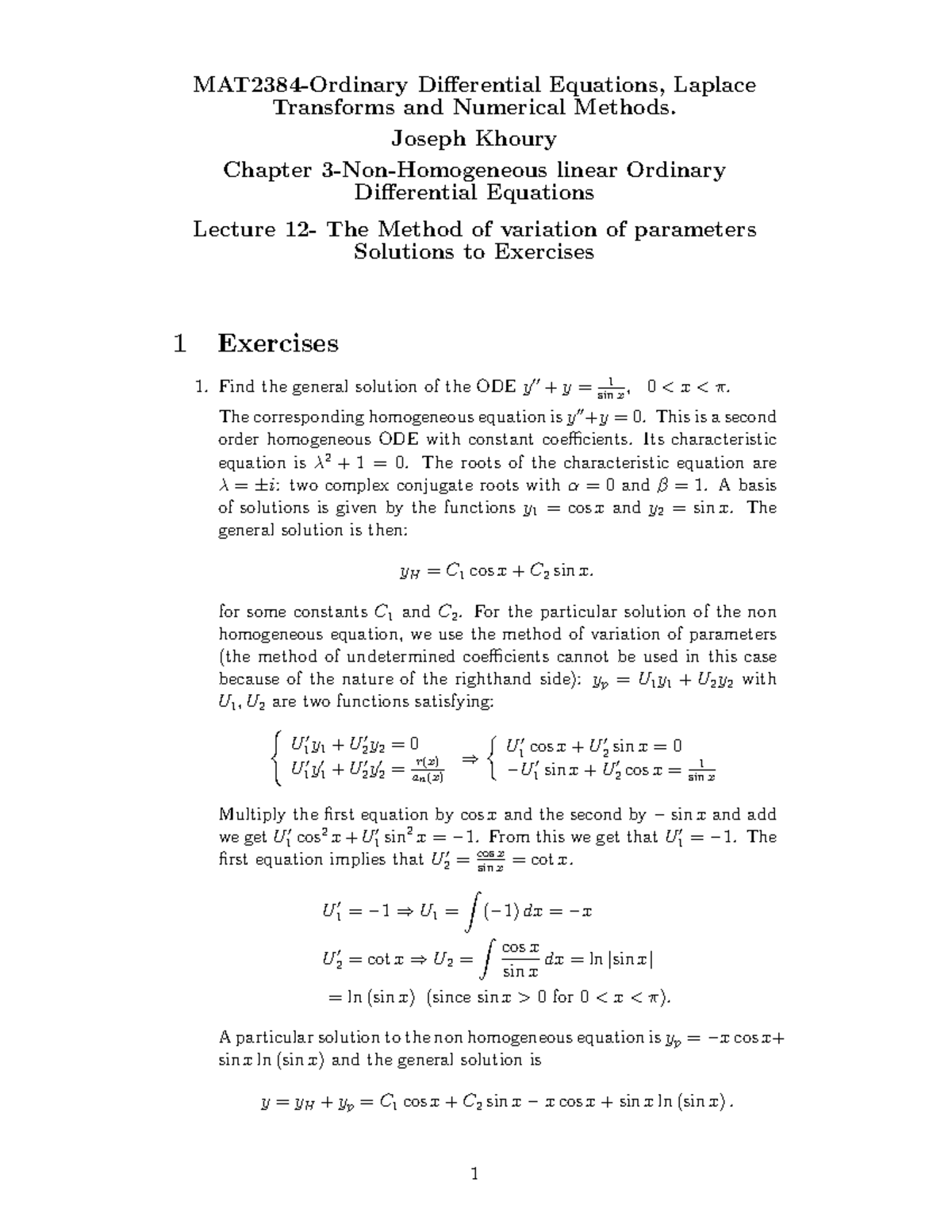 Solutions Lecture 12 - practice solution - MAT2384-Ordinary Differential Equations, Laplace ...