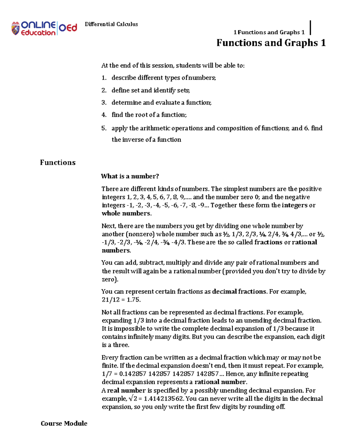 Cal mod1 - Module - Differential Calculus 1 Functions and Graphs 1 ...