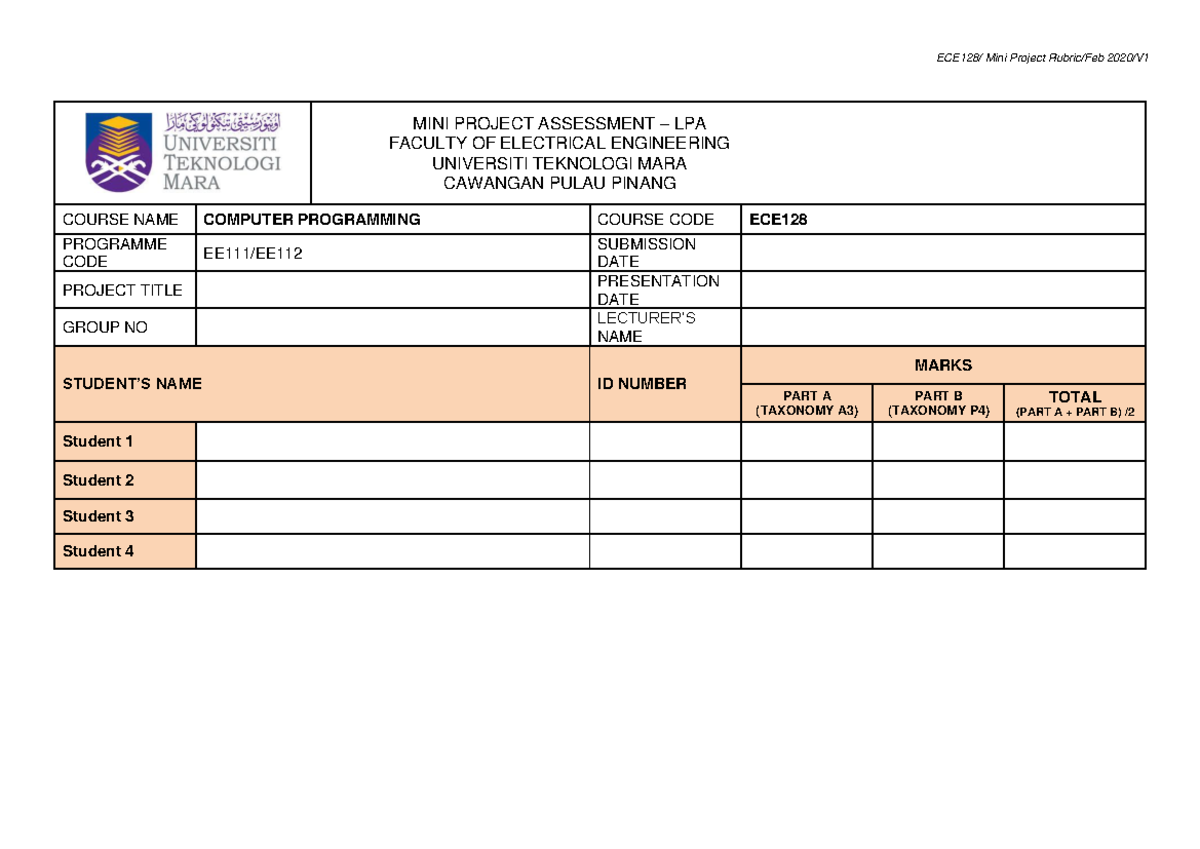 ECE128 Rubric MINI Project - MINI PROJECT ASSESSMENT – LPA FACULTY OF ...