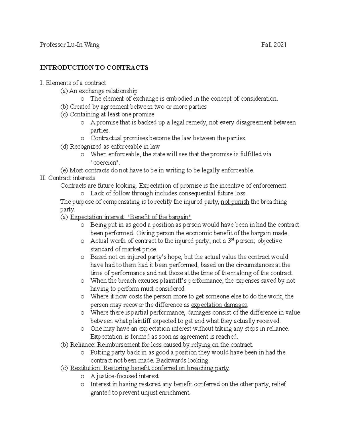 Contracts Outline - Professor Lu-In Wang Fall 2021 INTRODUCTION TO ...