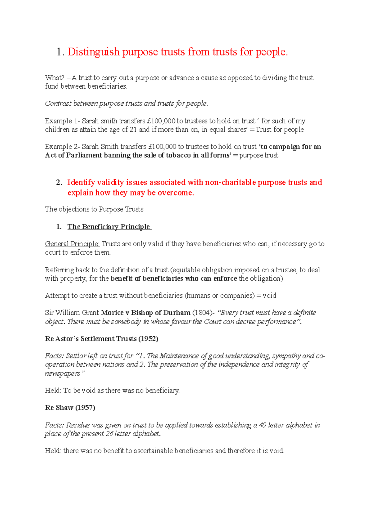 Learning outcomes - Revision unit 4 - 1. Distinguish purpose trusts ...